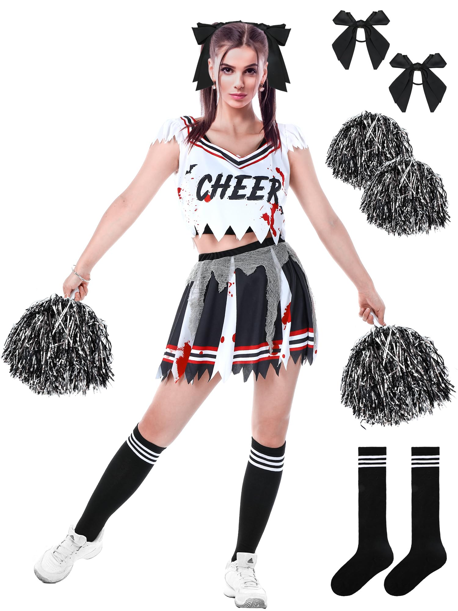 Xtinmee Halloween Zombie Cheerleader Costume for Women Girls Scary Cheerless Bloody Dress Pom Poms Hair Ropes Striped Socks (XL)