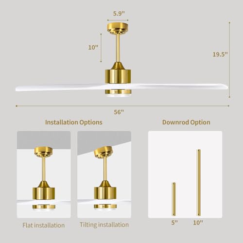 Wisful 56" Ceiling Fans with Lights Remote Control,Outdoor Wood Ceiling Fan with Light Memory for Patio Gazebo Living Room Bedroom(Gold and White)