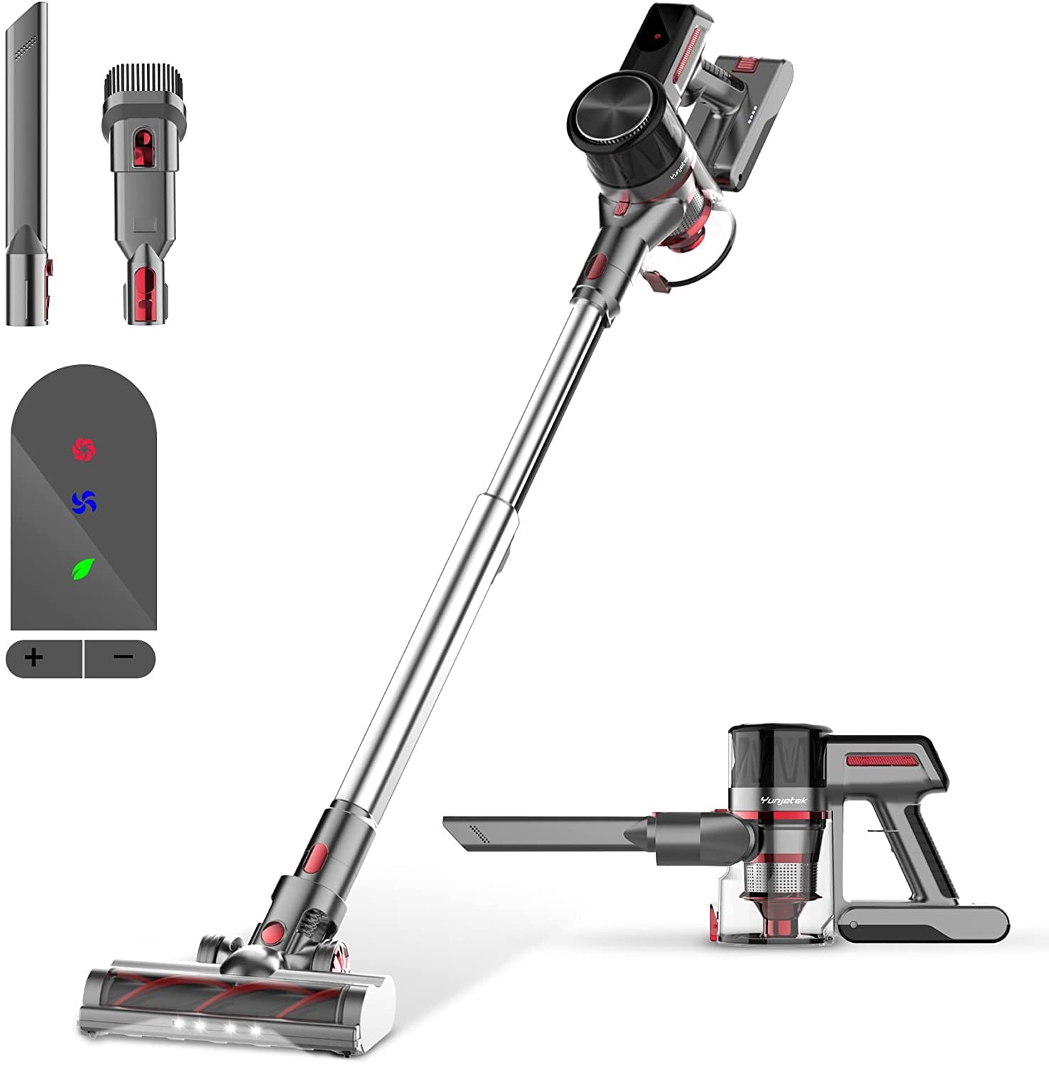 Yunjetek Cordless Vacuum Cleaner, 300W Brushless Motor with 26Kpa Powerful Suction Stick Vacuum, Up to 45Mins Max Runtime Detachable Battery (Red)