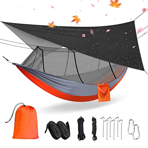 Sotech Camping Hammock with Bug Net and Rainfly, Waterproof Tree Hammock Tent 2 Person, Portable Hammock Set with Tree Straps for Indoor, Outdoor Hiking, Travel, Backpacking, Max Load 660lbs, Orange