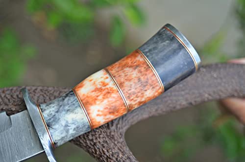 UK UNIQUE SHARP KNIVES BK-3002 Handmade Damascus Steel 12.50 Inches Hunting Knife - Exotic Coloured Bone Handle