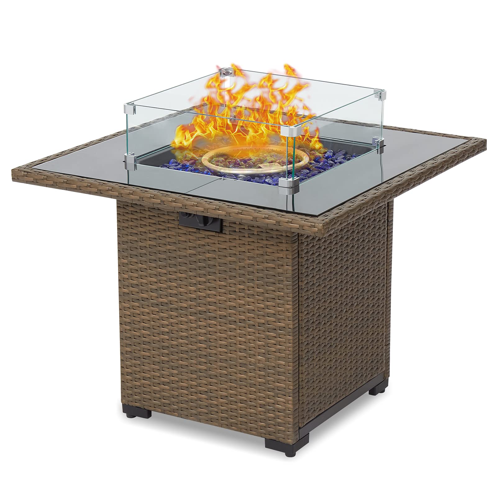 Square Gas Fire Pit Table, 2-in-1 Outdoor Propane Fire Table, 32 inch Firepit Table with Blue Stone Glass Wind Guard, Black Tempered Glass Tabletop, 50,000 BTU, Brown