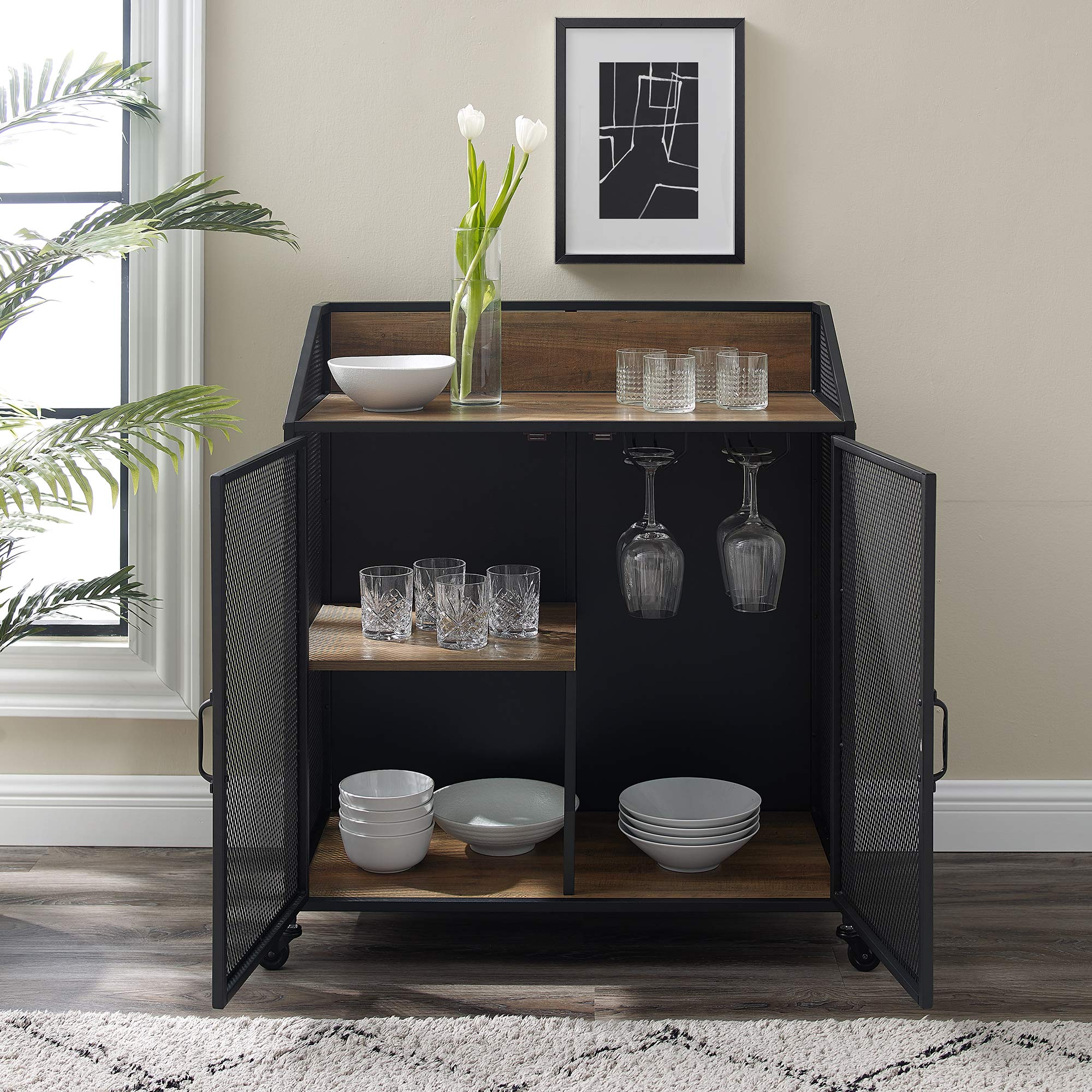 Walker Edison Malcomb Industrial Metal Mesh 2 Door Storage Cabinet , 30 Inch, Rustic Oak