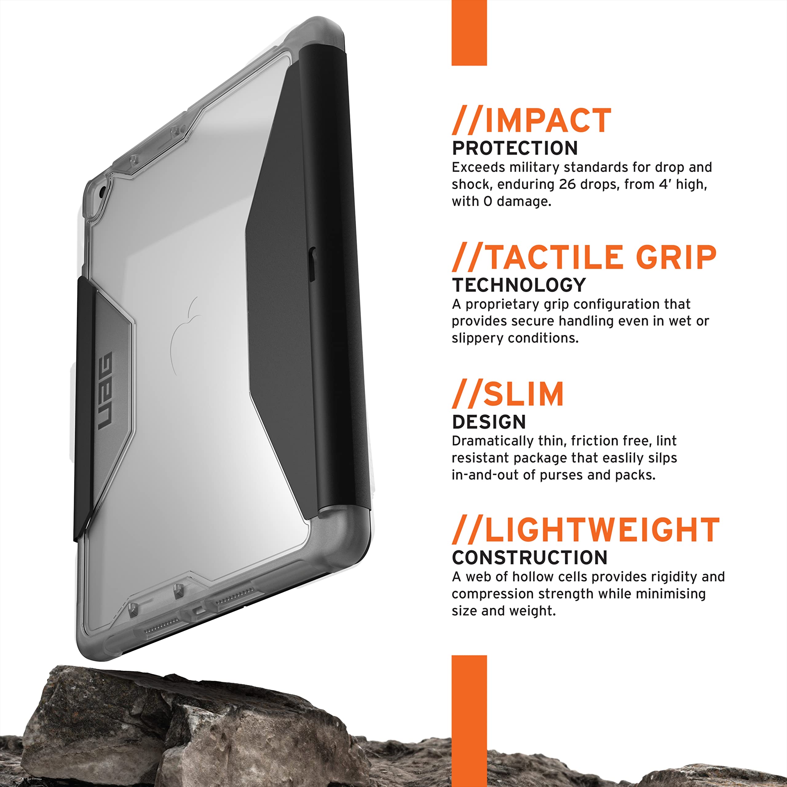 URBAN ARMOR GEAR UAG Designed for iPad 10.2 Case iPad 9th Generation 2021 iPad 8th Generation 2020, Black/Ice, Rugged Clear Multi-Angle Viewing Folio Stand with Pencil Holder Plyo Protective Cover