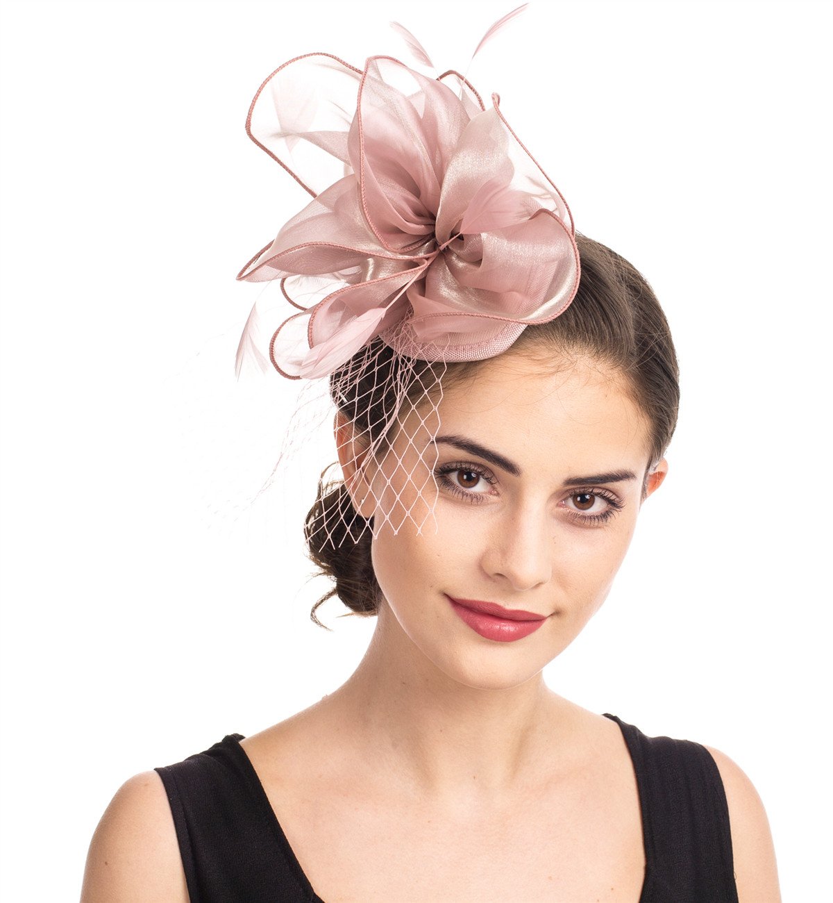 SAFERIN Fascinator for Women Hair Clip Hat Bowler Feather Flower Veil Wedding Party Hat Tea Hat(TA2-Pink)