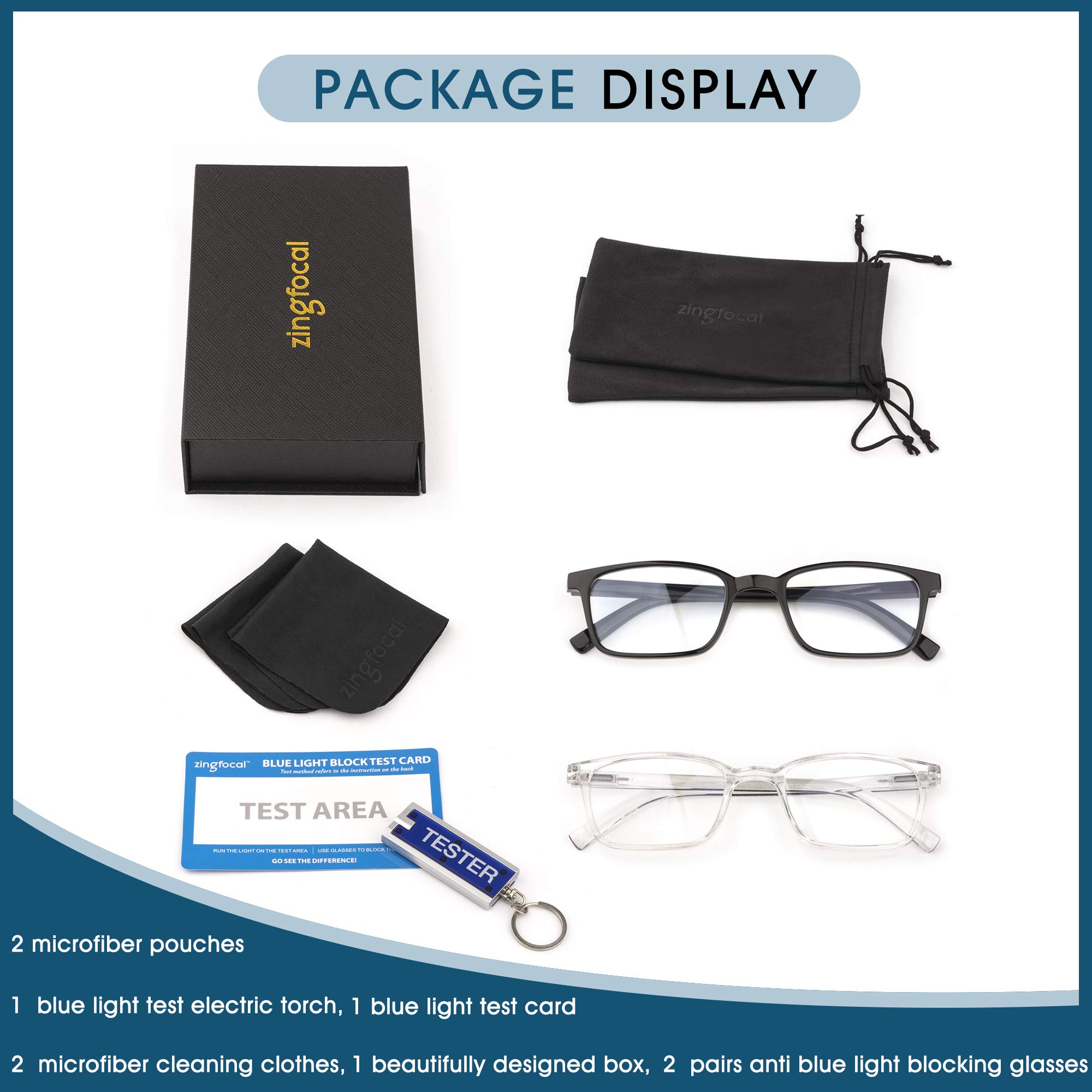 zingfocal Blue Light Blocking Glasses 2 Pack Square Computer Game Eyeglasses for Women Men Anti Eyestrain Headache Reading Glasses Non Prescription (Black+Transparent)