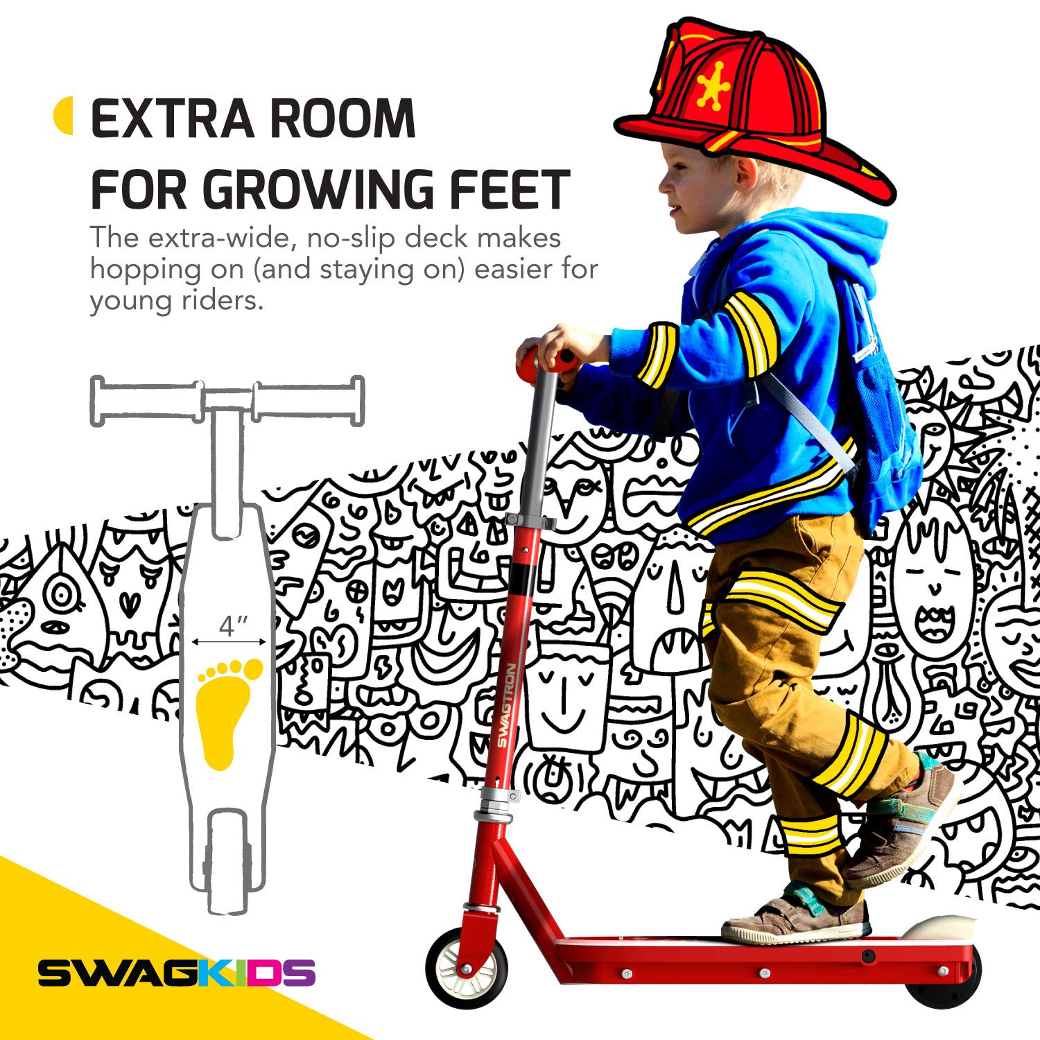Swagtron SK1 Kick Start Electric Scooter for Kids with Extended Life Battery, ATSM Certified, Adjustable, Ages 5+, Firetruck Red