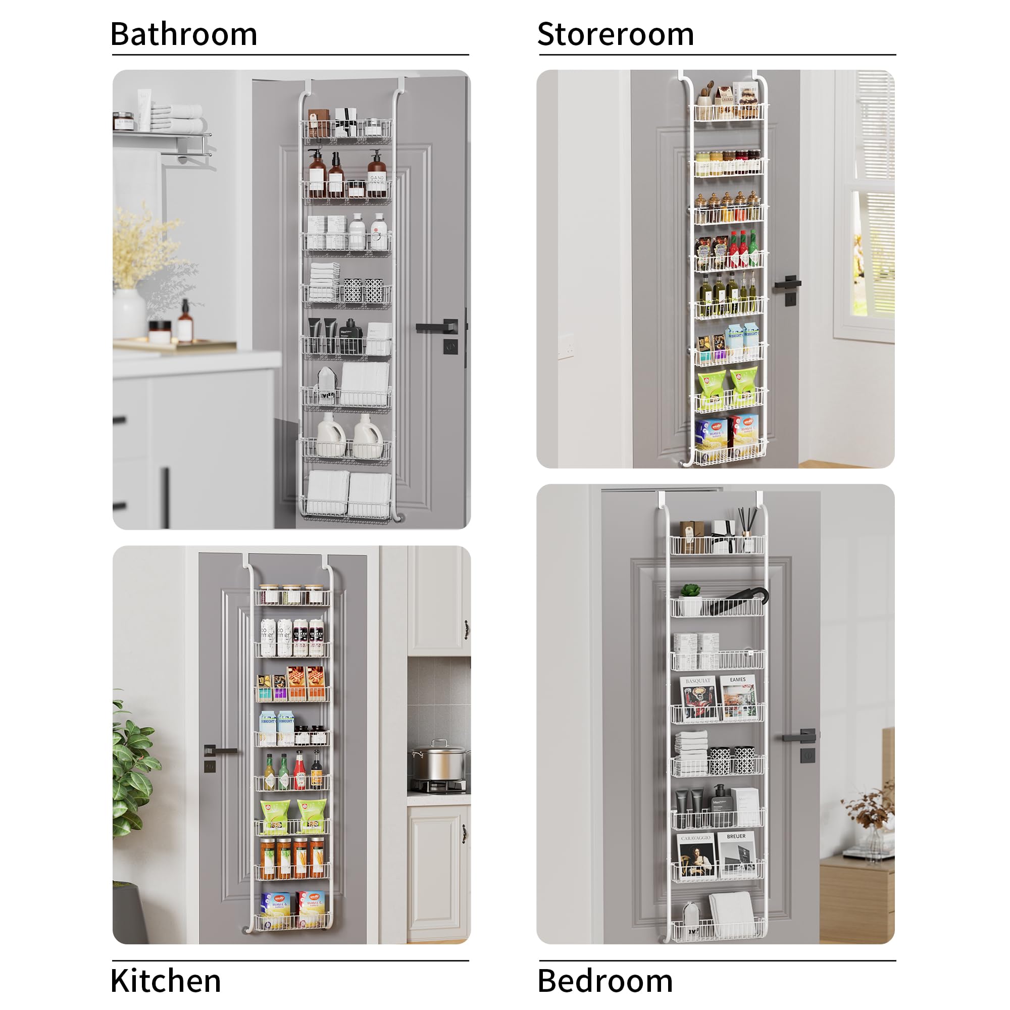 TIMEBAL Over the Door Pantry Organizer, 8-Tier Metal Hanging Rack with 8 Large Baskets, Rust Resistant, White
