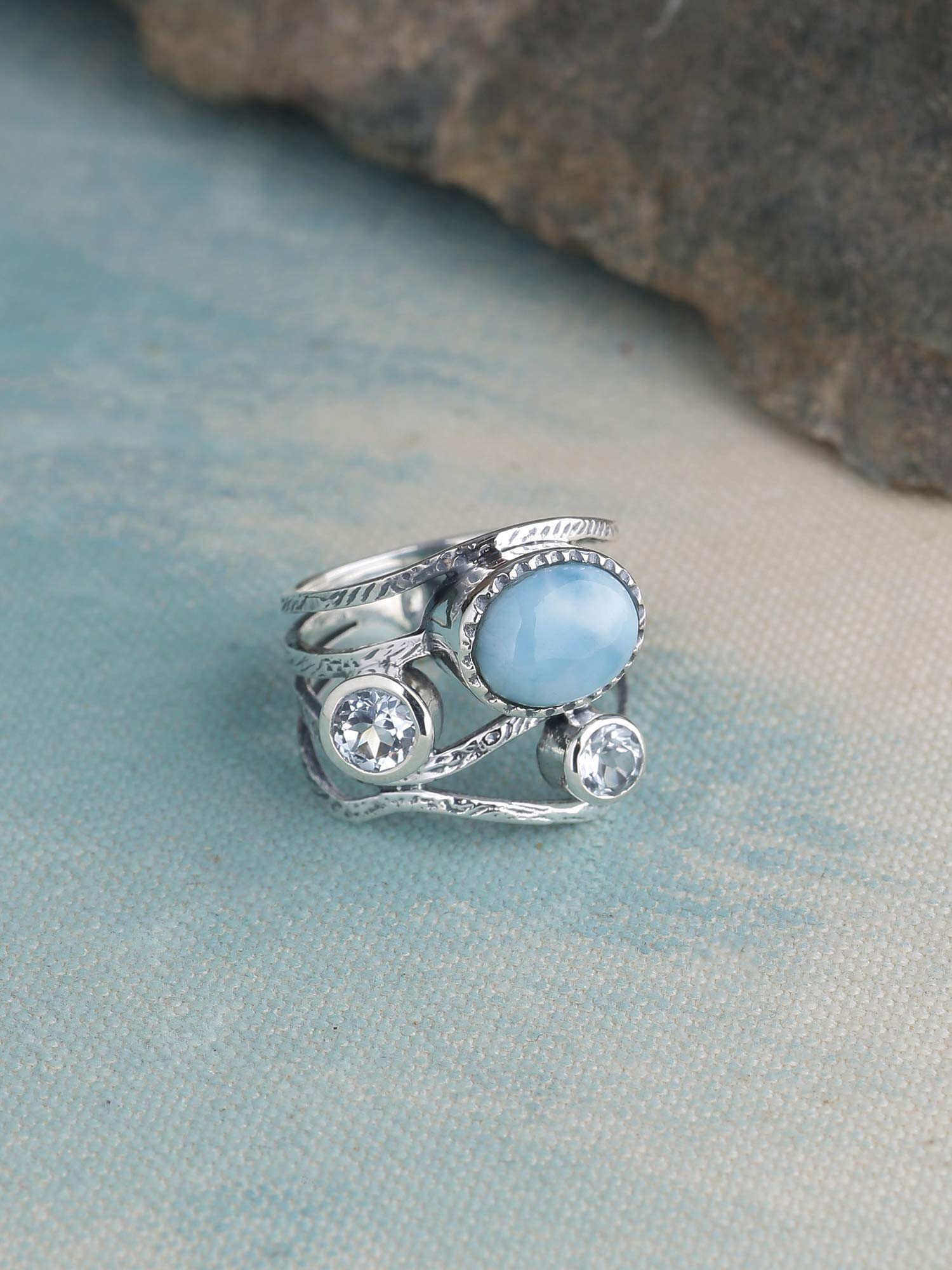YoTreasure Natural Larimar Blue Topaz 925 Sterling Silver Antique Three Stone Bypass Ring