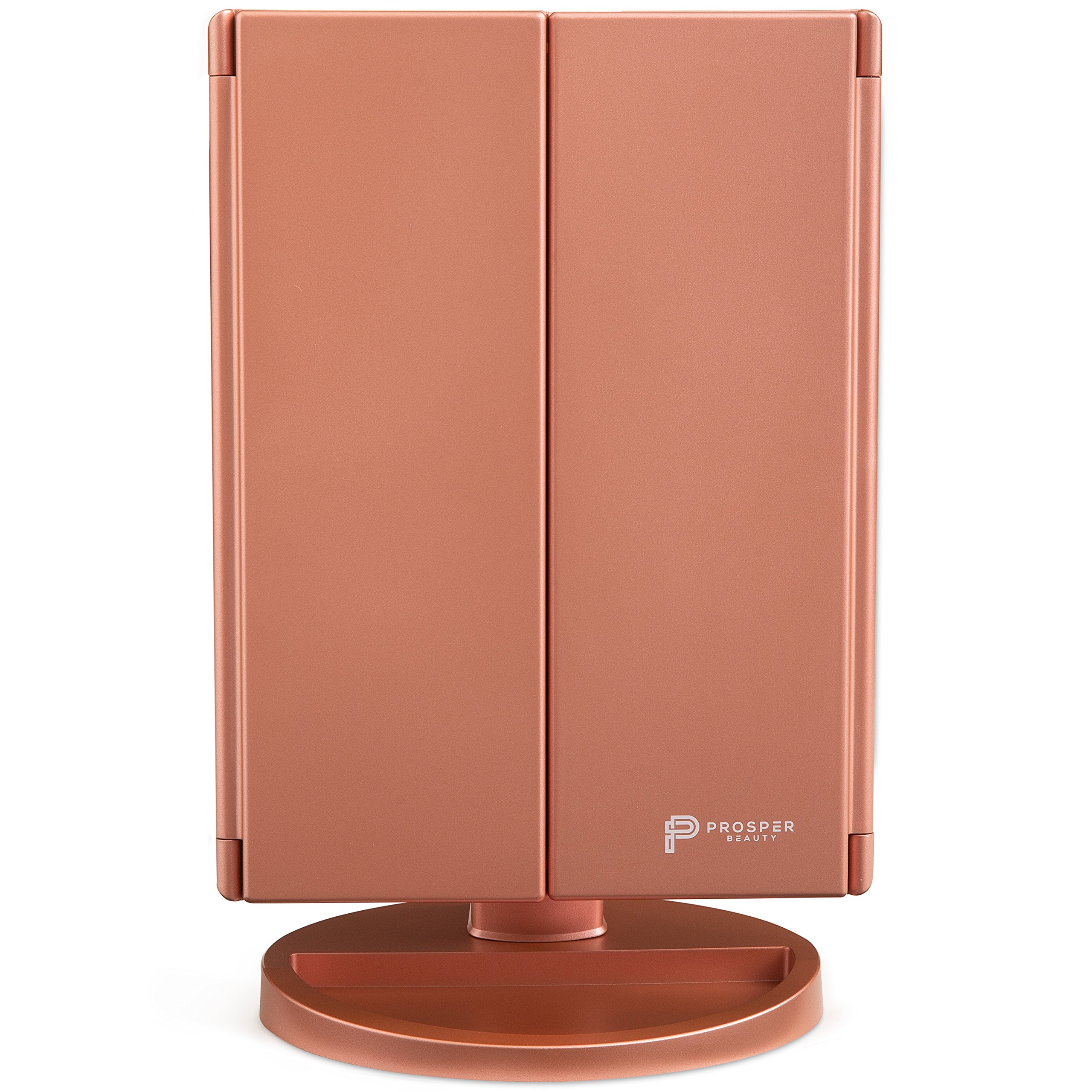 Prosper Beauty Lighted Makeup Mirror Vanity [LIT by 36 LED Lights Bright Natural Beauty Cosmetic Travel Trifold 1x/2x/3x Magnification USB Charging 180 Degree Adjustable Stand (Rose Gold)
