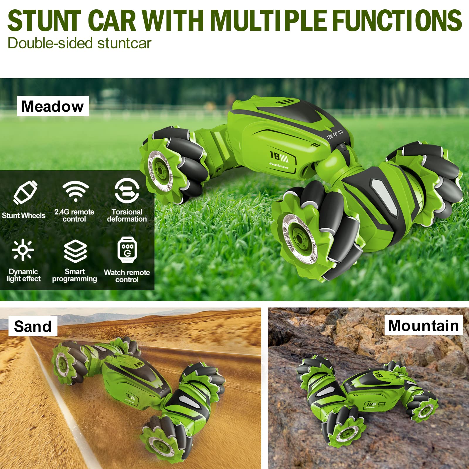 WISHTIME RC Stunt Car Toys Remote Control Double Sided Rotating Car