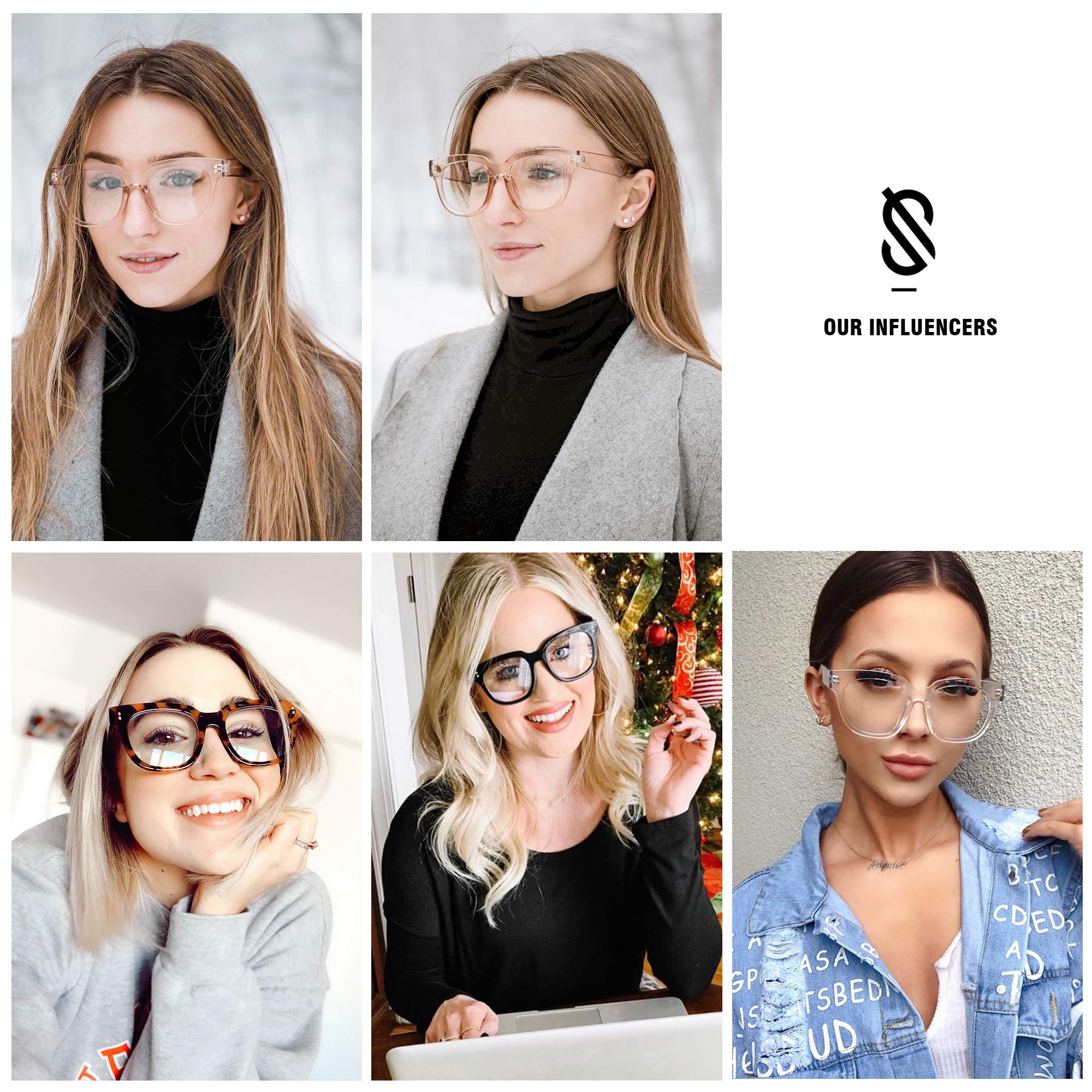 SOJOS Oversized Square Anti Blue Light Blocking Glasses for Women Thick Computer Eyeglasses Double Metal Studs SJ5053 with Crystal Pink Frame/Anti-Blue Light Lens