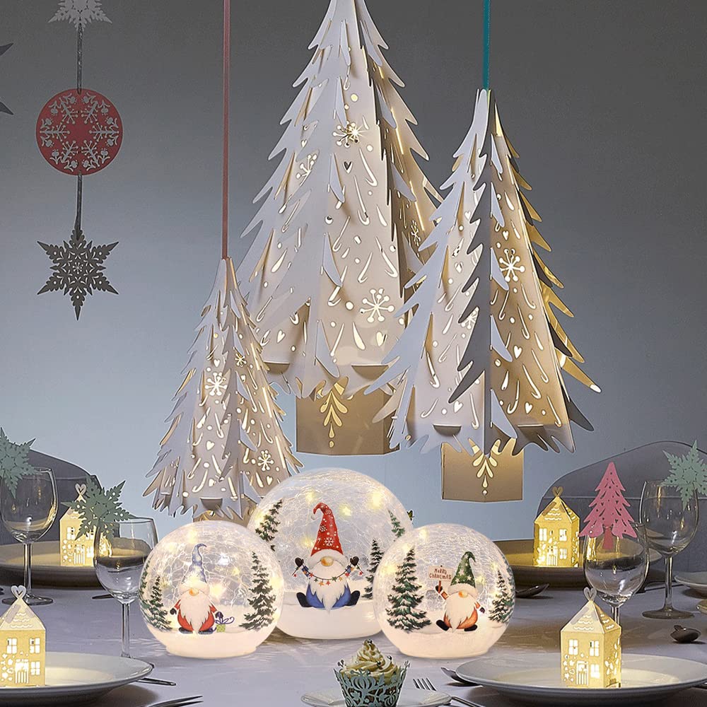 YEAHOME Christmas Decorations Indoor, 3 Pcs Lighted Gnomes Christmas Snow Globes Home Decor, Christmas Table Decorations LED Crackle Glass Ball with Timer for Living Room Fireplace Tabletop
