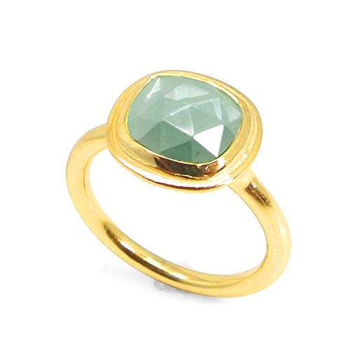 Shilpi Impex Green Amethyst Hydro 8 MM Cushion Rose Cut Gold Plated Brass Handmade Statement Ring (Light Green, 11)