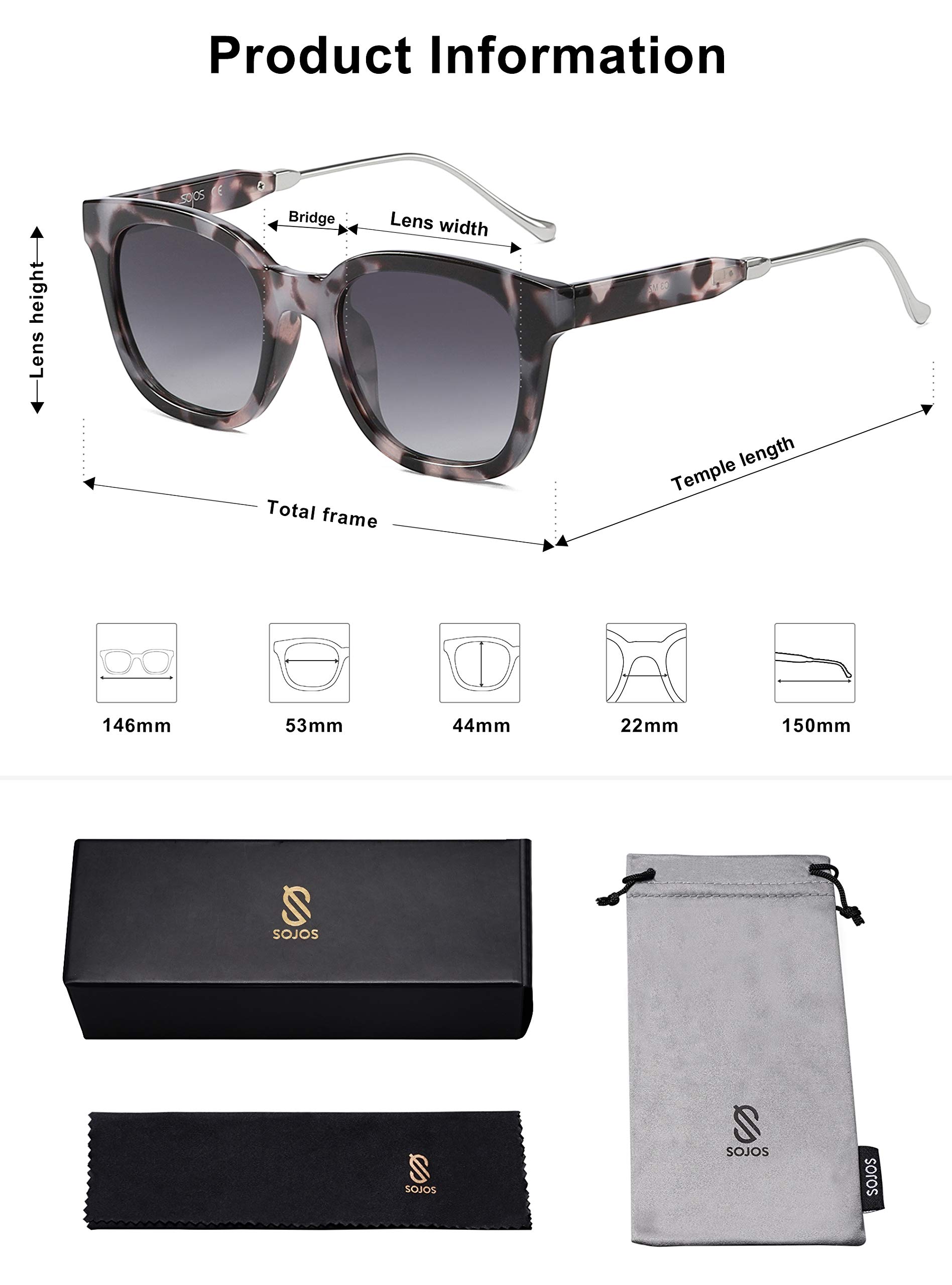 SOJOS Classic Square Polarized Sunglasses Womens Mens Retro Trendy Shades UV400 Sunnies, Black Tortoise/Grey