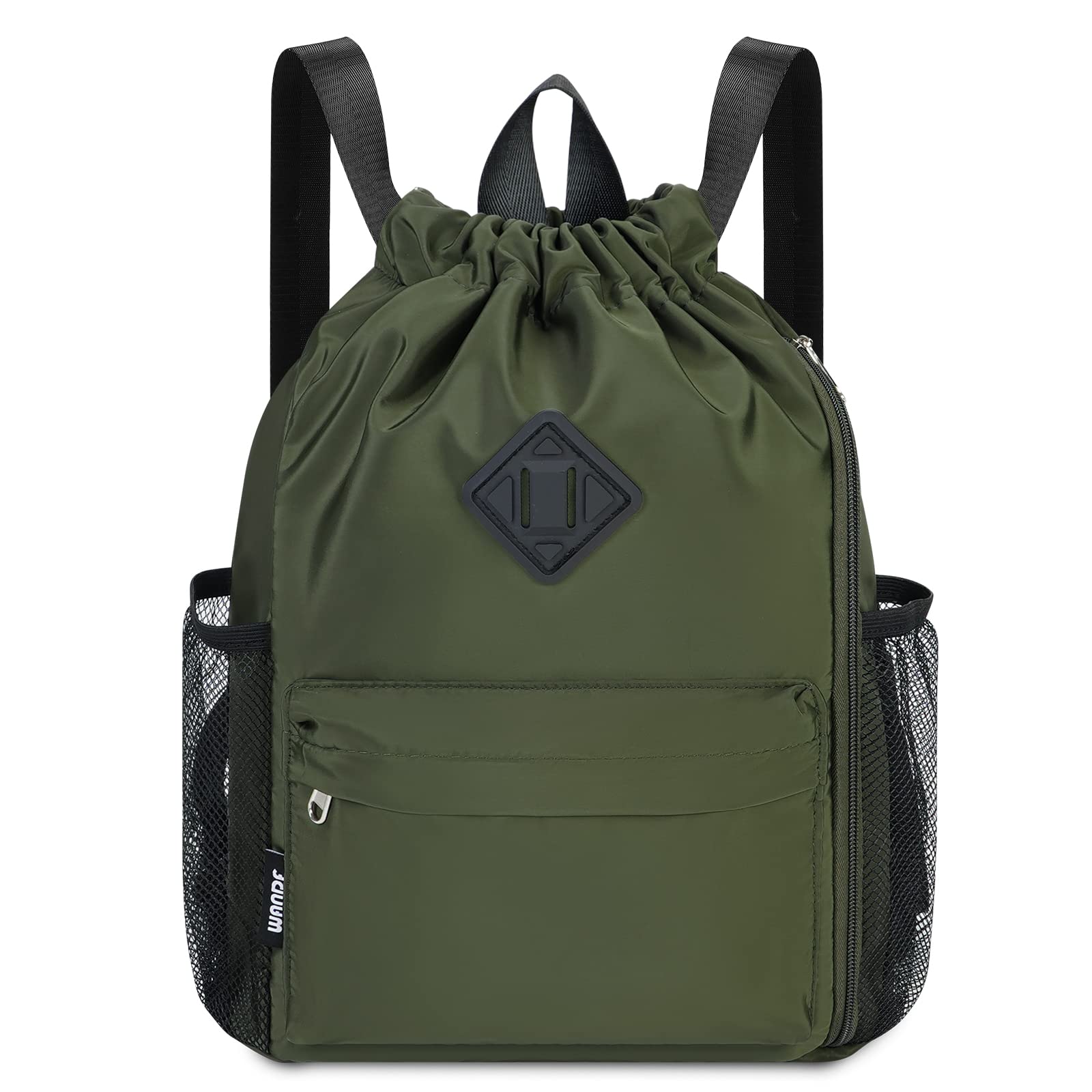 WANDF Drawstring Backpack Sports Gym Bag with Shoes Compartment, Water-Resistant String Backpack Cinch for Women Men (Small,Dark green)