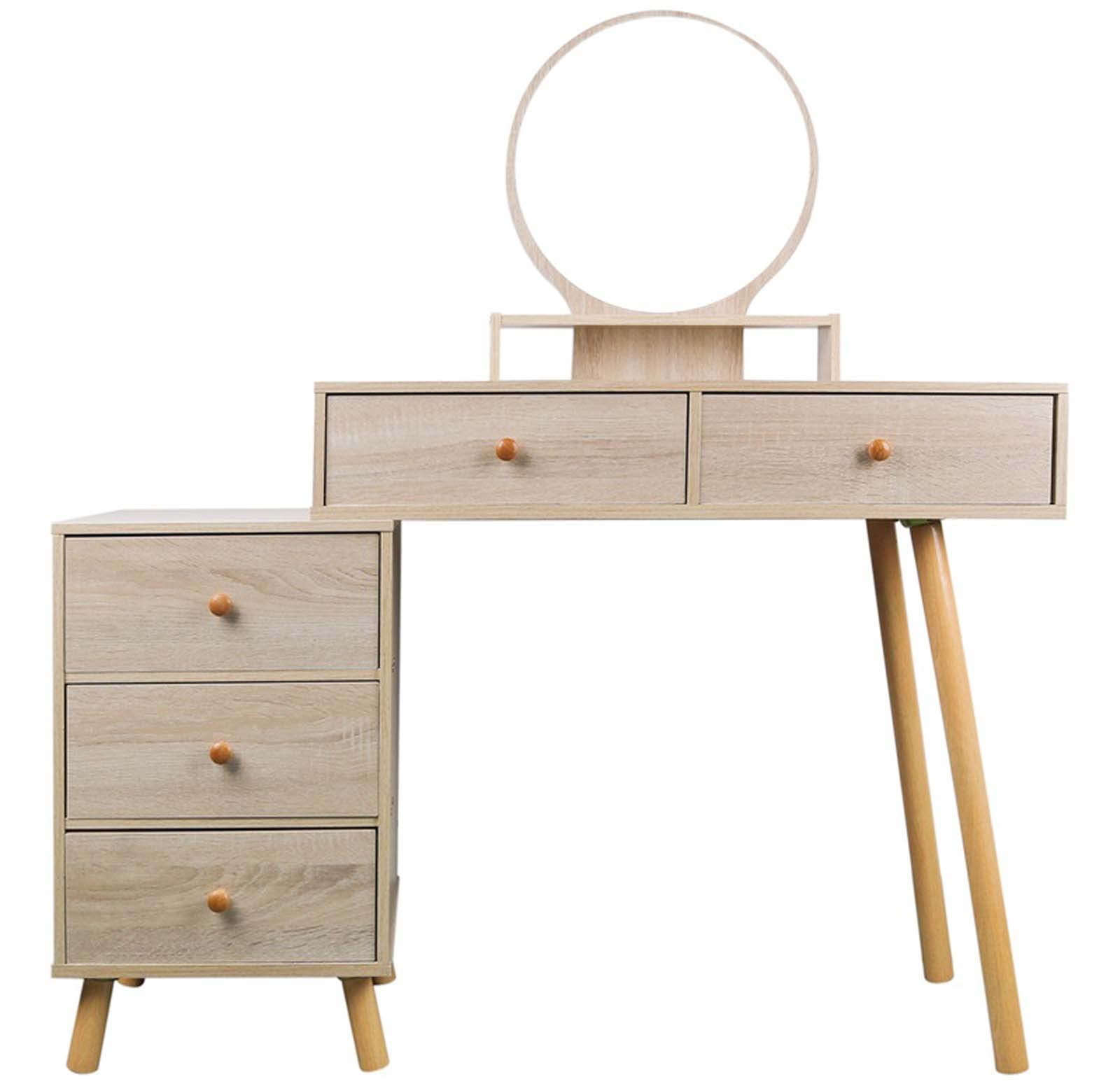 Vintage Vanity Table Dressing Set with Cushioned Stool and 5 Storage Drawers, Wooded Makeup Table with Large Round Mirror for Women Girls Bedroom Small Spaces