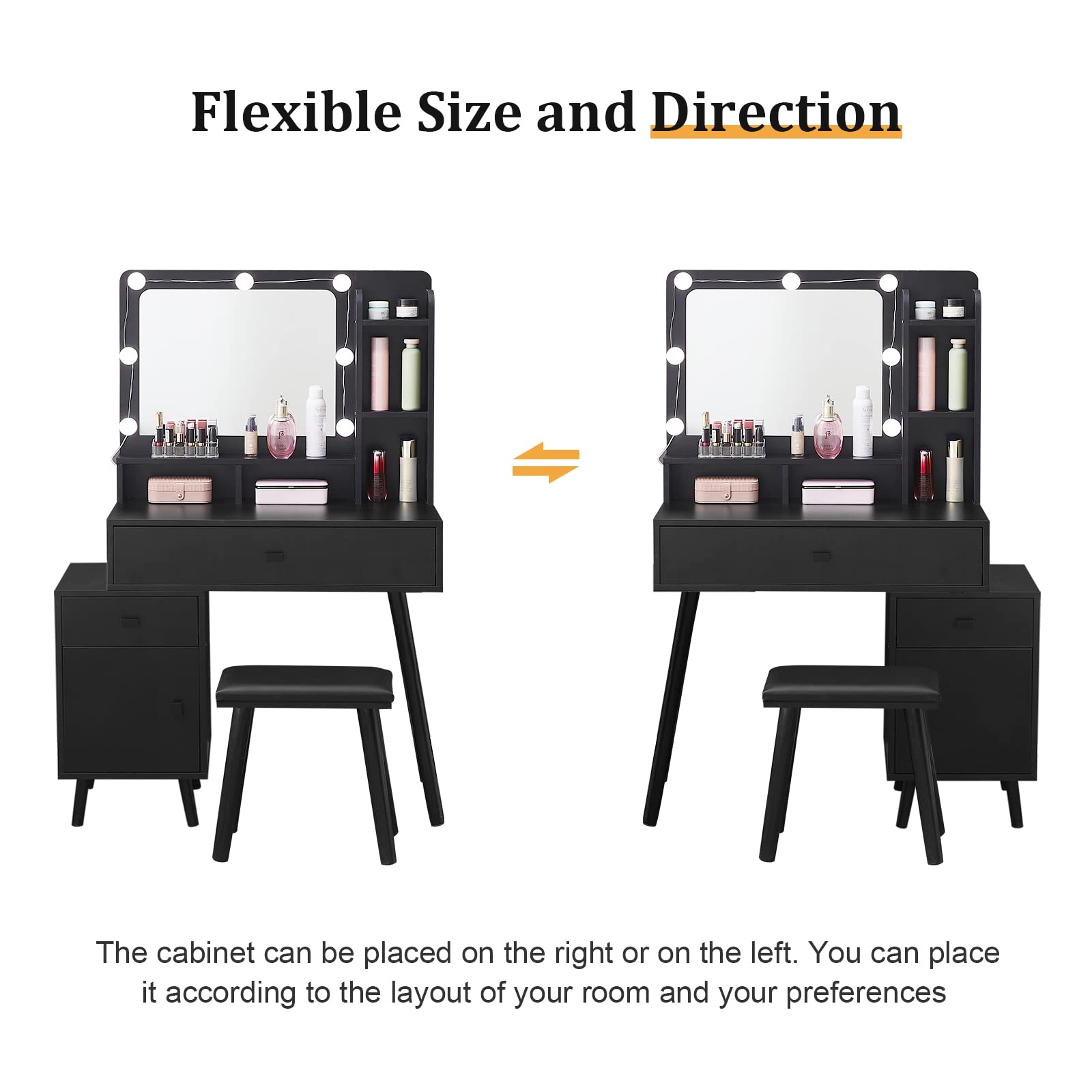 TUKAILAi Vanity Desk Set with LED Lighted Mirror & Cushioned Stool, Makeup Dresser Dressing Table with 5 Open Storage Shelves, 1 Drawer & Movable Chest, Gift for Women Girl Bedroom Studio (Black)