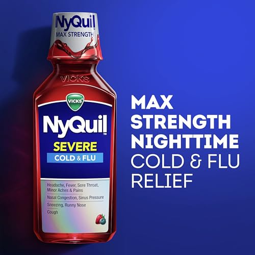 Vicks NyQuil SEVERE Cold and Flu Relief Liquid Berry Flavored Medicine, Maximum Strength, 9-Symptom Nighttime Relief For Fever, Sore Throat, Nasal Congestion, Sinus Pressure, Sneezing, Cough, 12 FL OZ