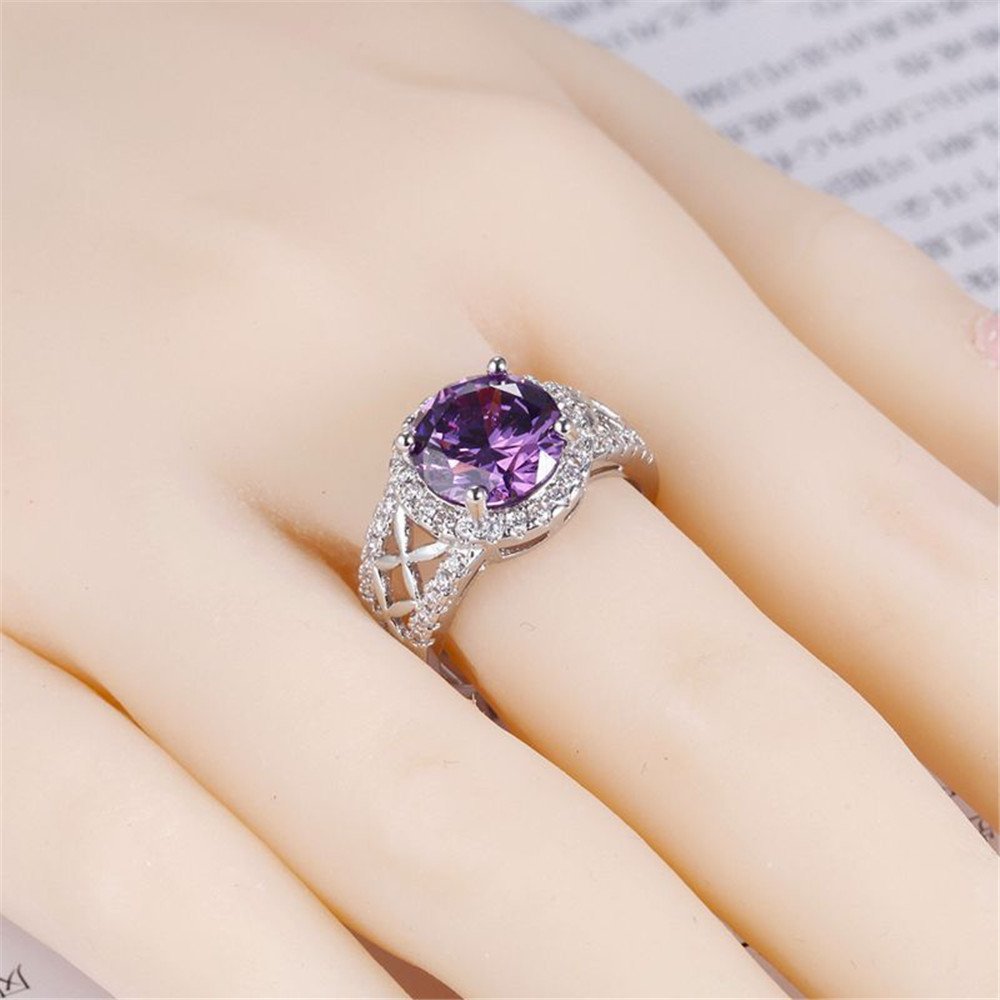 Uloveido Purple Cubic Zirconia Silver Wedding Band Bridal Jewelry Ring for Women J679-Silver-Purple-7