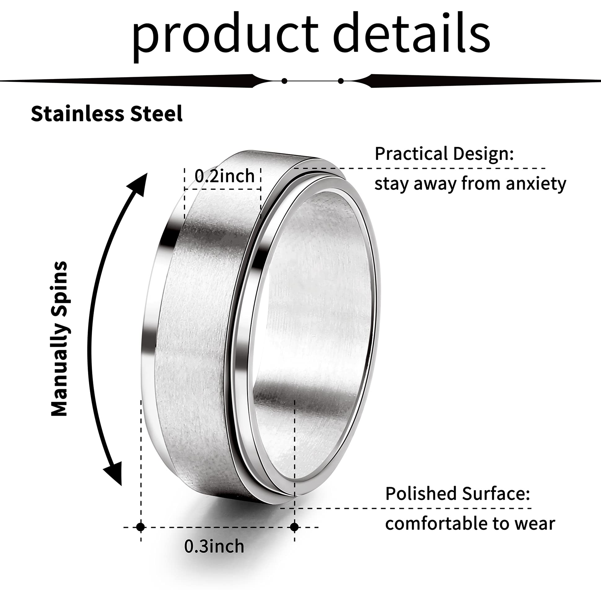 YADOCA 3 Pcs Stainless Steel Fidget Band Rings for Men Women Spinner Ring Set for Wedding Promise Silver Gold Black Tone Size 6