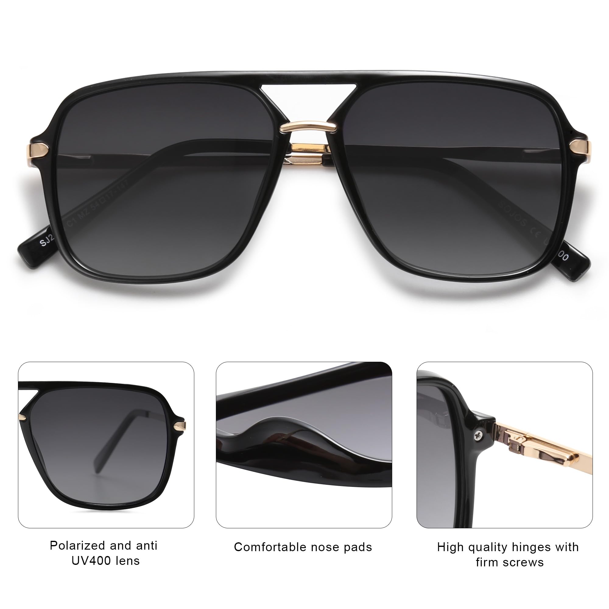 SOJOS Sunglasses for Women & Men, Square, Retro, Polarized Lens, Trendy Aviator, 90s Shades (SJ2229, Black Yellow)