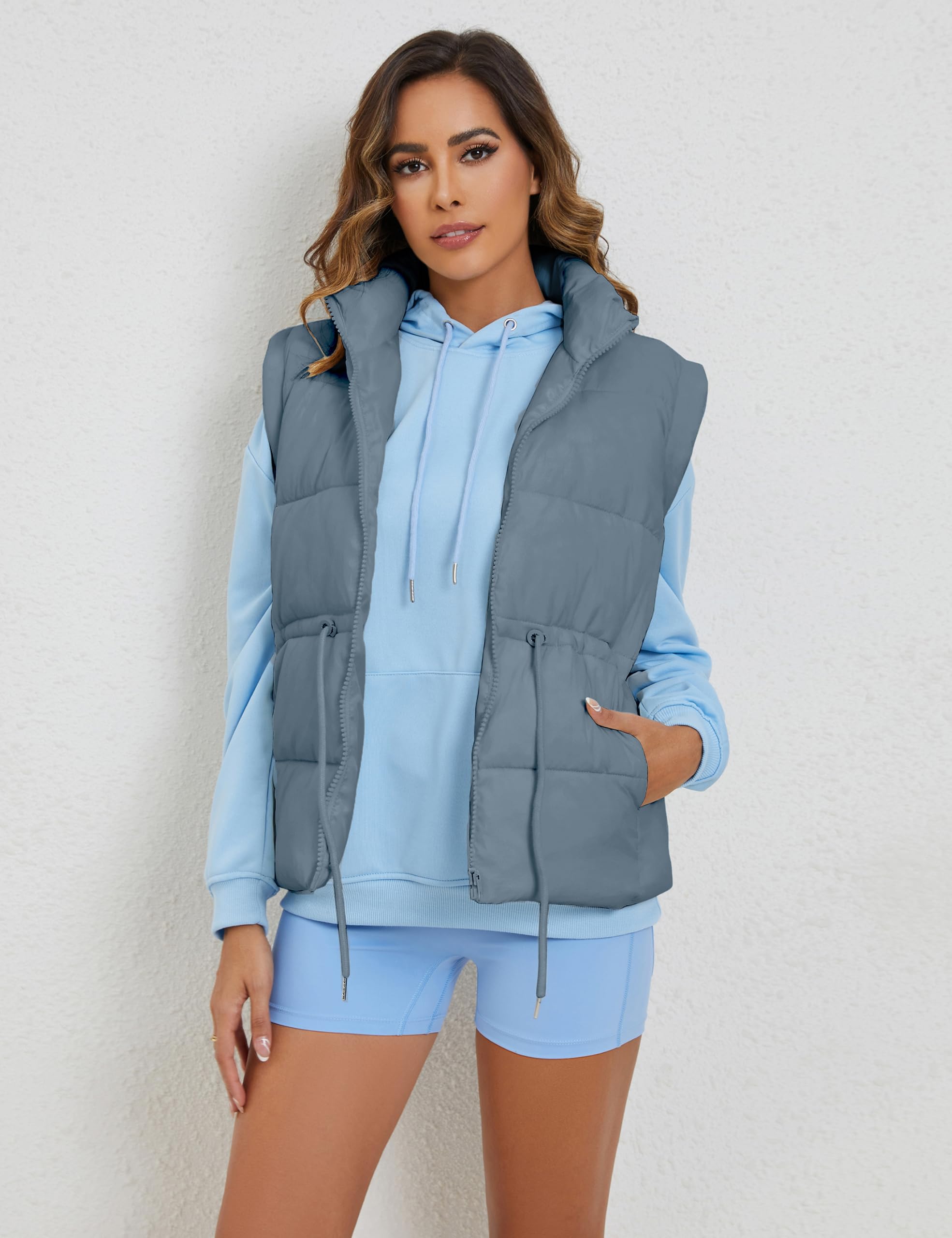 VAOYIU Womens Puffer Vest Adjustable Drawstring Waist Lightweight Quilted Zip Up Vest with Pockets(-Dustyblue-XL)