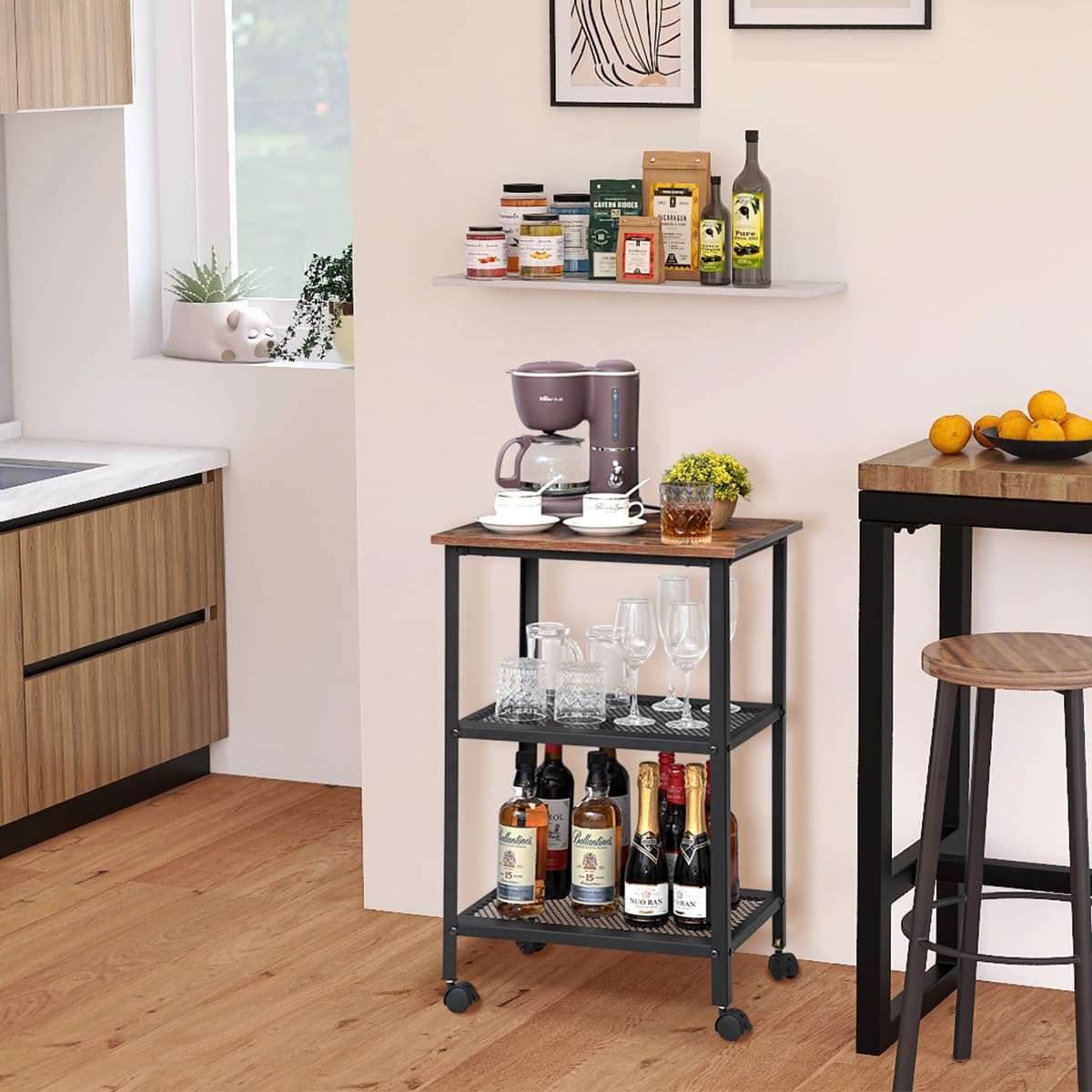 RokiaTek Bar Serving Cart Rolling Kitchen Cart on Wheels 3-Tier Storage Cart with Lockable Wheels, Standing Baker's Racks with Shelves and Steel Frame, Rustic Brown and Black