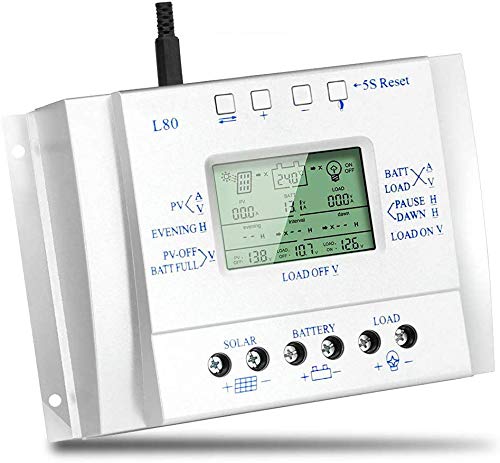 Solar Charge Controller 80A PWM 12V 24V 1920W Solar Panel Charger Discharge Regulator with 5V USB Output Multip Circuit Protection Anti-Fall Durable ABS Housing Heat Sink (L80A)