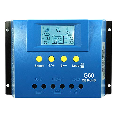 Solar Charge Controller 60A 12V 24V Auto, PWM Solar Regulator 60 amp Max Input 720W-1440W with Backlight LCD Display Dual USB 5V fit for Lead-Acid Batteries