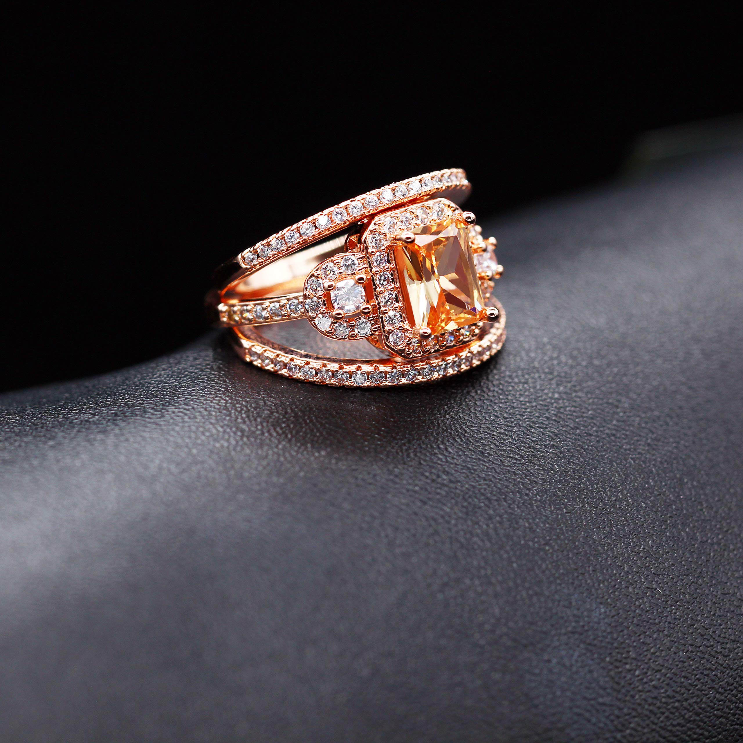 Uloveido Sqaure Orange Yellow CZ Zircon 3-Stone Stack Rings Set for Anniversary Bridal Bridesmaid, Rose Gold Plated Cubic Zirconia Crystal Rings Eternity Bands (Size 10) Y434