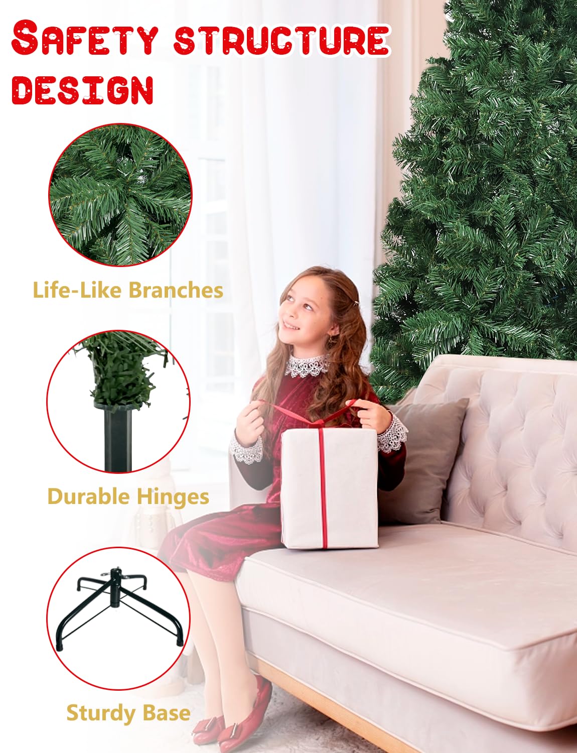 YouMedi 6.5ft Premium Spruce Artificial Holiday Christmas Tree for Home, Party Decoration, Easy Assembly, Metal Hinges & Foldable Base - Fire-Resistant Material