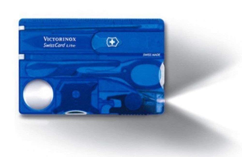 Victorinox Swiss Card Lite Swiss Army Knife, 13 Function Swiss Made Pocket Knife with Magnifying Glass LED and Tweezers - Sapphire