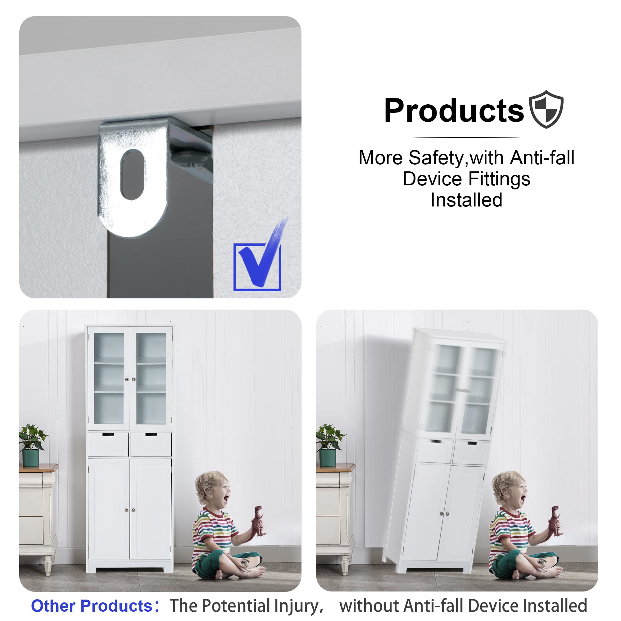 Squireewo Freestanding Bathroom Storage Cabinet with Doors and Drawers, Kitchen Pantry Storage Cabinet with Adjustable Shelf for Kitchen, Bathroom, White