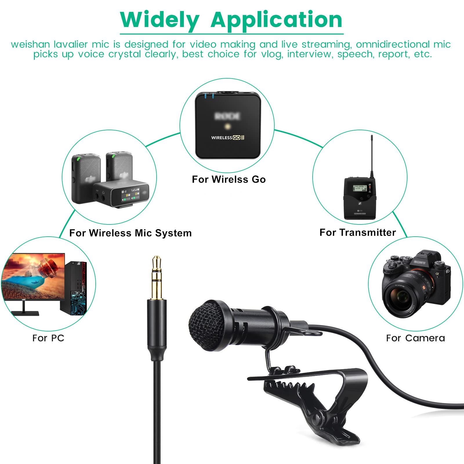 weishan Media Mod Mic for GoPro HERO11 10 9 Black Action Camera, Lavalier Lapel Videomic Clip-on Microphone Compatible with GoPro Pro 3.5mm Mic Adapter for Vlogging, 5ft