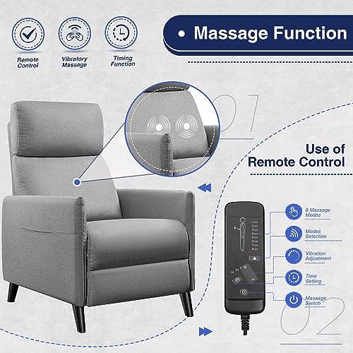 YESHOMY Massage Chair for Living Room, Fabric Home Theater Single Sofa with Adjustable Reclining, Lazyboy Padded Seat Backrest for Adults, Large, Light Gray