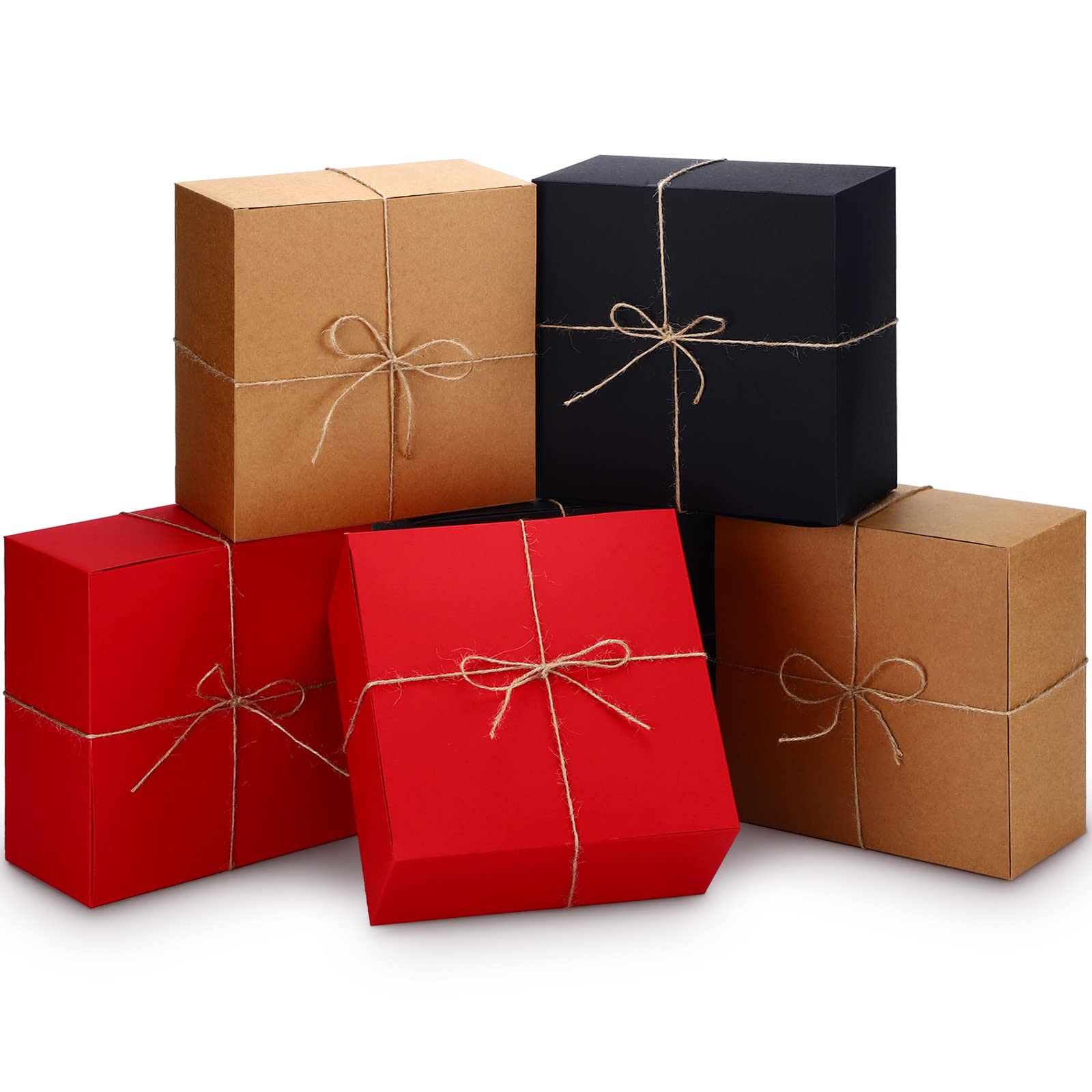 Spiareal 12 Pcs Gift Boxes with Lids Kraft Boxes Christmas Boxes Gift Wrap Boxes with Twine for Xmas Wedding(Black, Gold, Silver, 8 x 8 x 4 Inch)