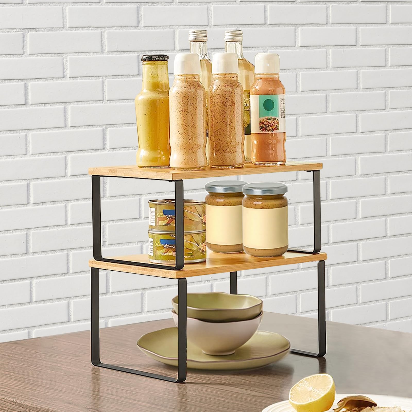YONDERLIVICE Cabinet Shelf Organizers, Set of 2 Stackable Cabinet Organizers, Kitchen Counter Organizer, Expandable Spice Racks, Metal and Bamboo, Black and Natural