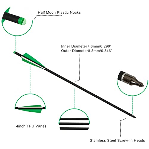 TOPARCHERY 12pcs Crossbow Arrows Crossbow Bolts 20 inch Hunting Archery Crossbow Carbon Arrows with 4 inch Vanes and Replaced Arrowhead/Tip (A Green white 20'')