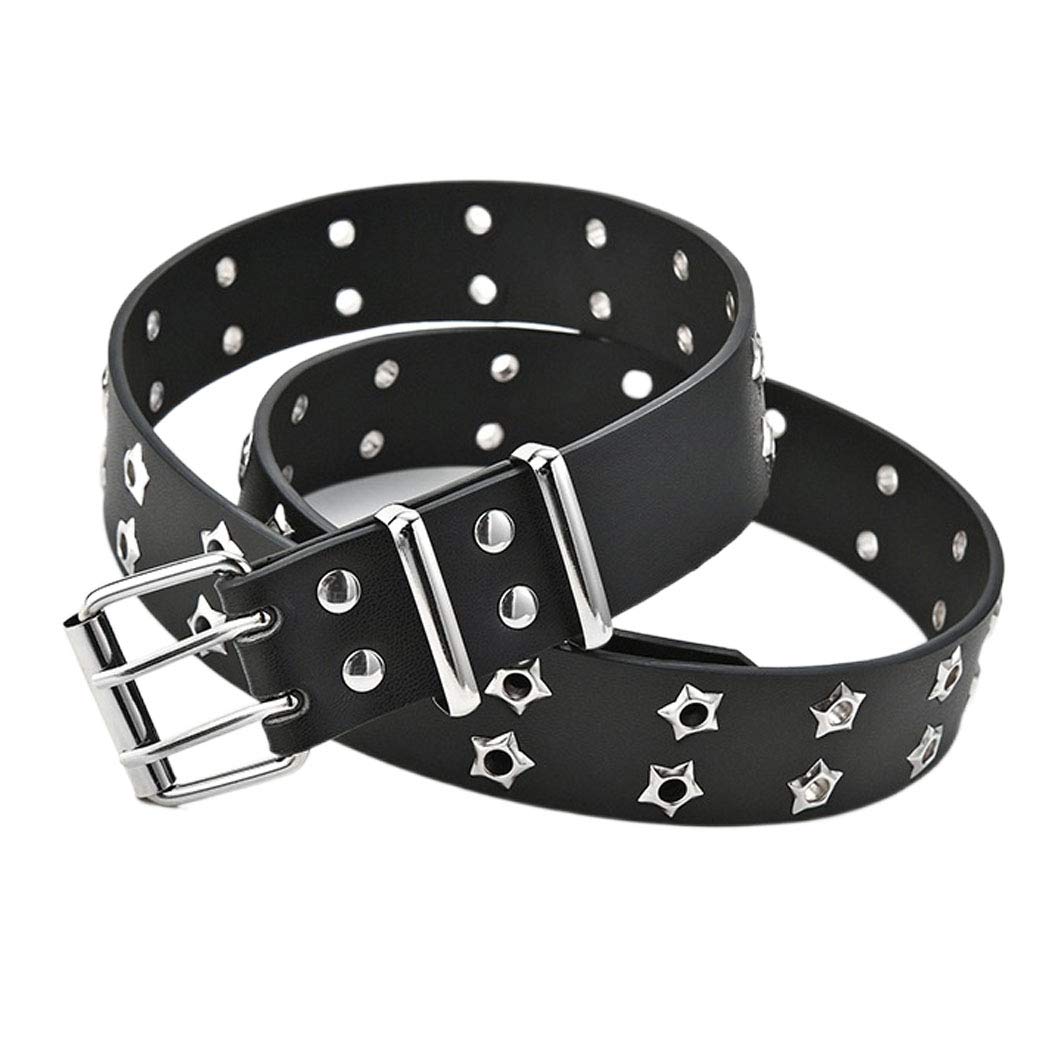 Yalice Double Grommet Leather Belts for Women Star Studded Belt for Jeans Pants Punk Waist Belt for Men (Black)