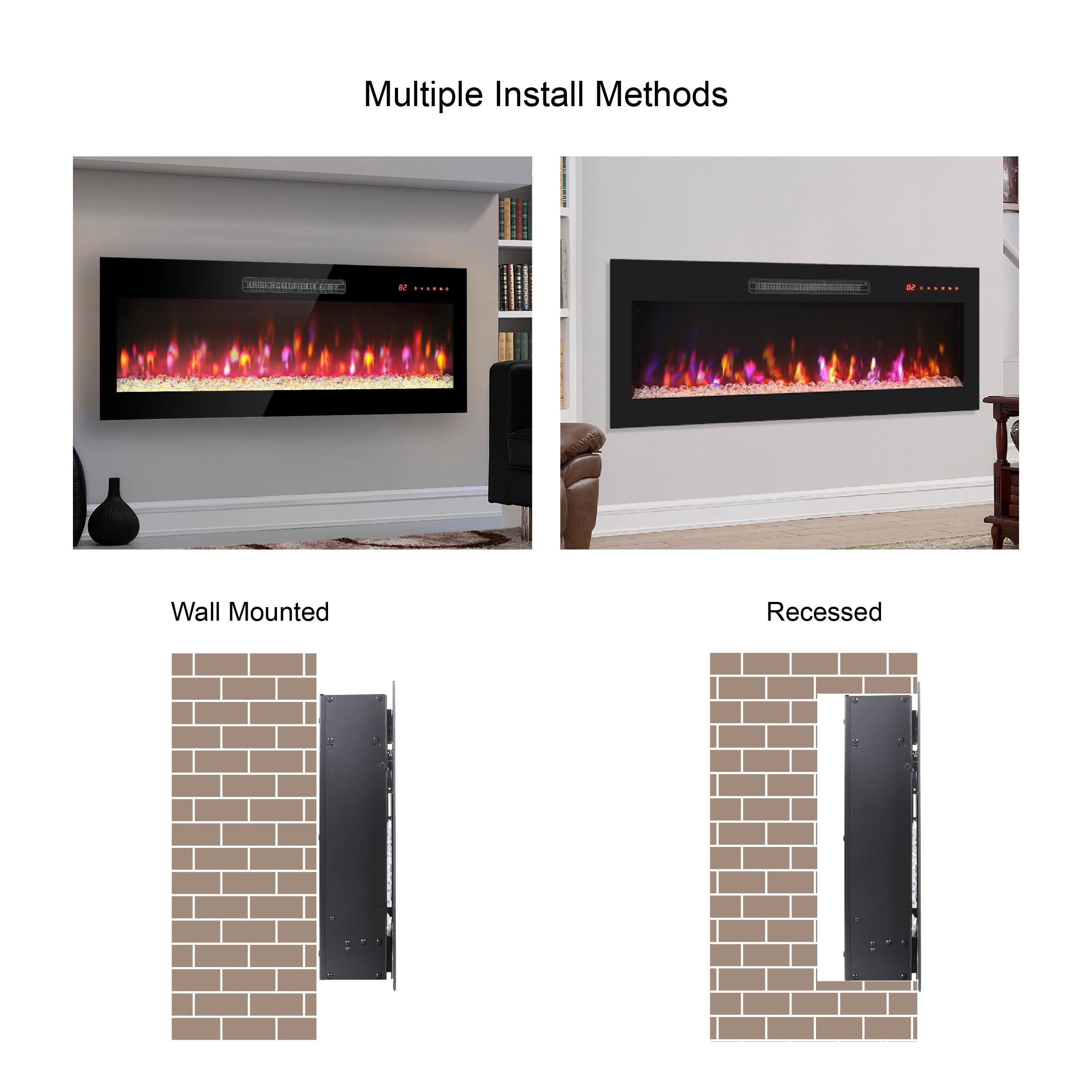 Wall Mount Floating Fireplace Electric Inserts with Remote Control, 16 Flame& Ember Color, Timer, Adjustable Brightness, 60 Inch Fire Place for the Living Room Bedroom, Double Safety Protection, 1400W