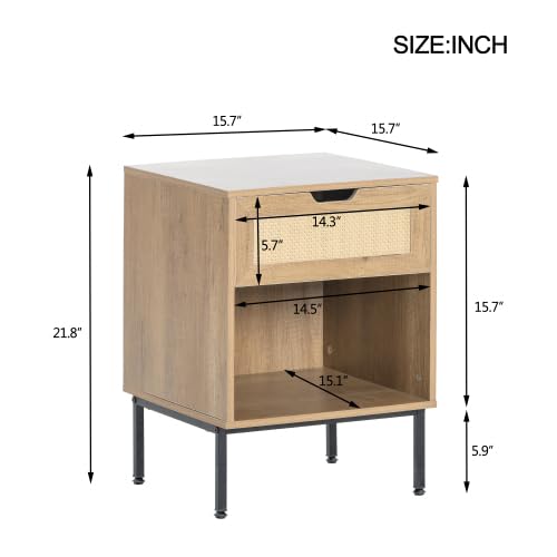 Wekity Nightstand Storage End Table with Rattan Door, Open Storage & Solid Metal Legs, Small Bedside Tables Mid Century Modern Side Tables Nightstand for Living Room Bedroom Small Spaces (Natural)