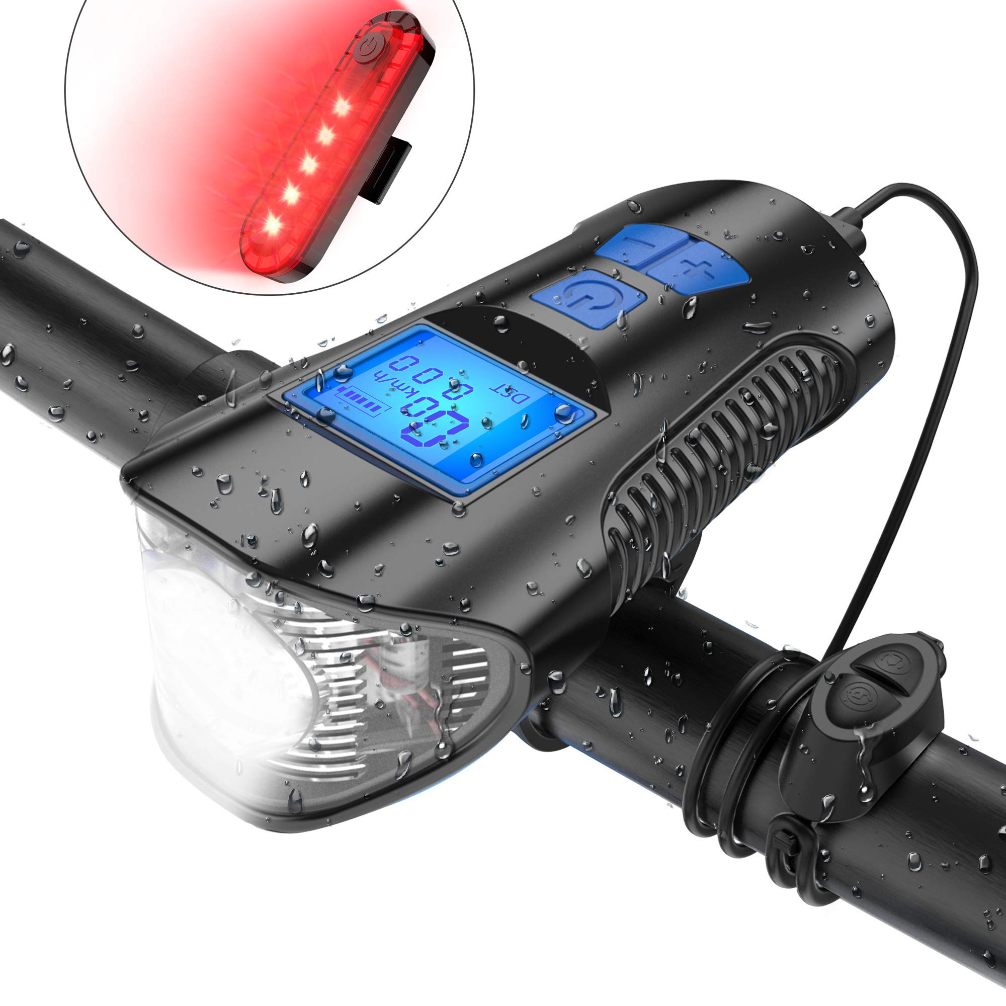 Tesecu LED Bike Light USB Rear Bicycle Light 800 Lumen Rechargeable Bike Tail Light and Front Light Set Cycle Headlight with Bicycle Speedometer Odometer Fits All Mountain & Road Bike