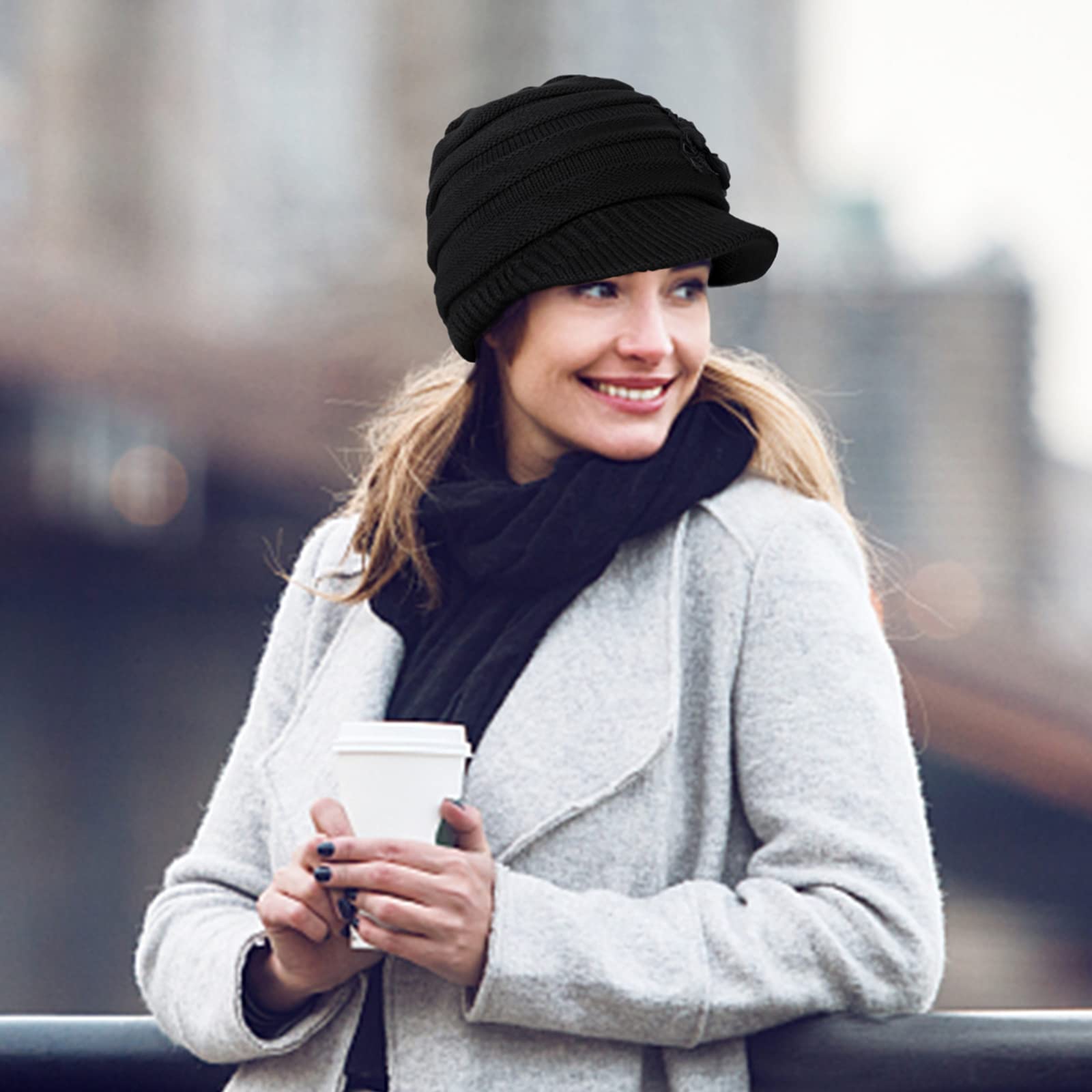 YSense Womens Hats Winter Beanie with Brim Warm Cable Knit Newsboy Cap Visor with Sequined Flowerisor/ Flower,A-Black