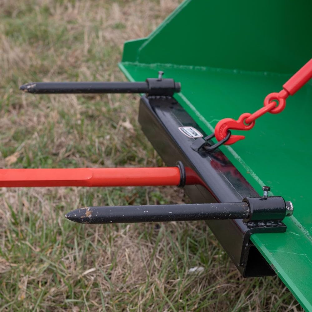 Titan Attachments Hay Bale Spear Frame Attachment with Stabilizer Spears, Universal HD Front Skid Steer Tractor Loader Bucket, 3000 LB Capacity, Conus 2 Sleeves, Chain and Ratchet Binder Included