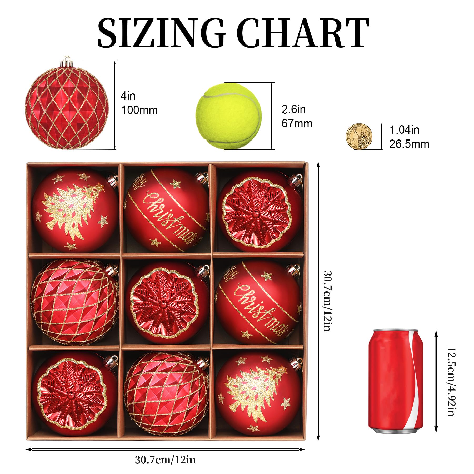 SHareconn 100MM/4 Inch 9PCS Large Christmas Balls Ornaments, Shatterproof Plastic Hanging Big Baubles Set for Xmas Tree Decoration Holiday Party Wedding Decorations with Hook, Red