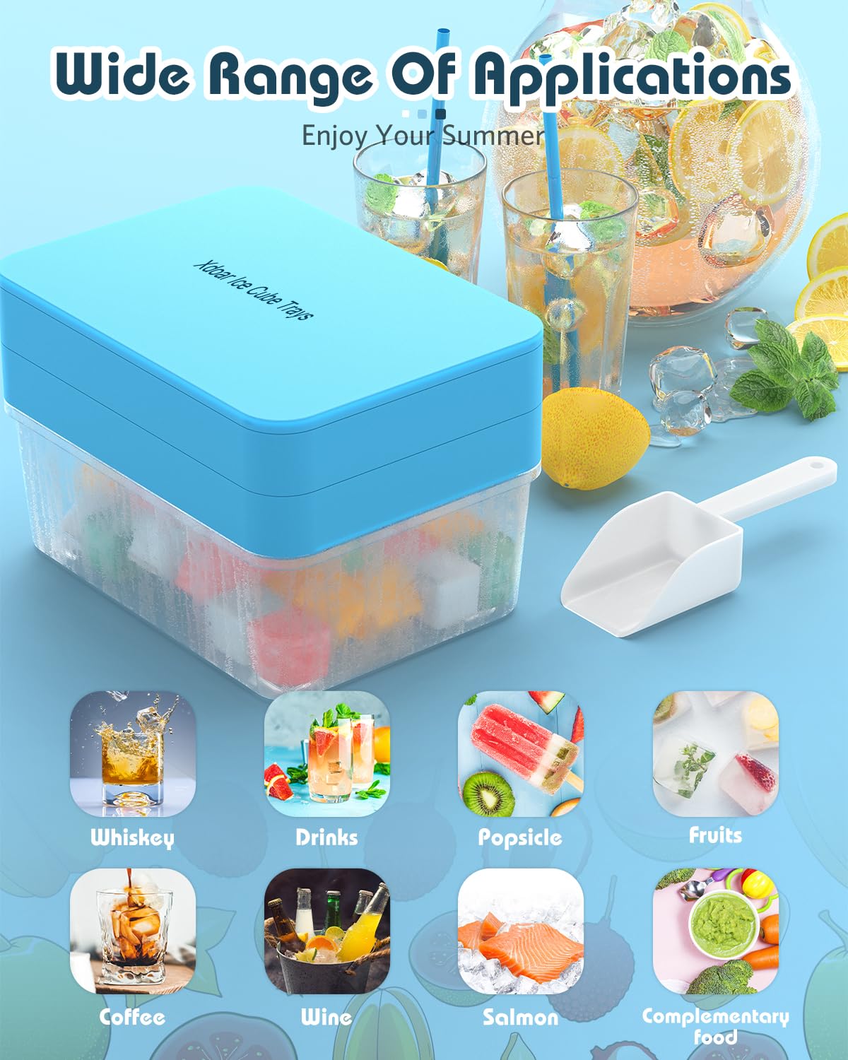 Xdoar Premium Silicone Ice Cube Trays With Lid and Bin, Easy-release Ice trays for Freezer, 70 Small Square Ice Maker with Ice Bucket and Ice Scoop, Ice Cube Storage Container for Chilled Drink Coffee