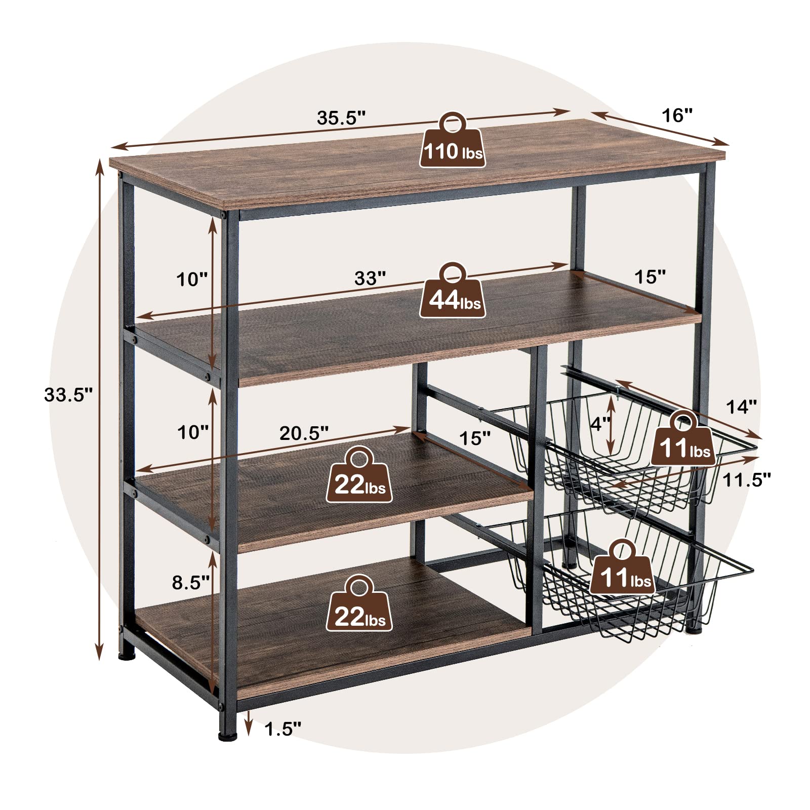 Tangkula 4-Tier Kitchen Baker's Rack, Industrial Microwave Oven Stand with Sliding Wire Basket, Water-Proof Surface, Utility Storage Shelf Organizer, Coffee Bar Cart for Living Room, Pantry