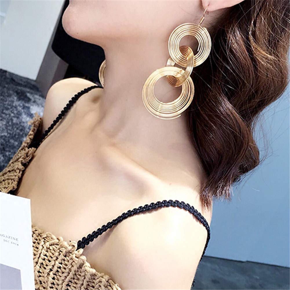 Women Gold Plated Long 70s Disco Earrings hoop round 3 circles Multi-layer drop big alloy geometric party wear Earring (disco earrings Gold)