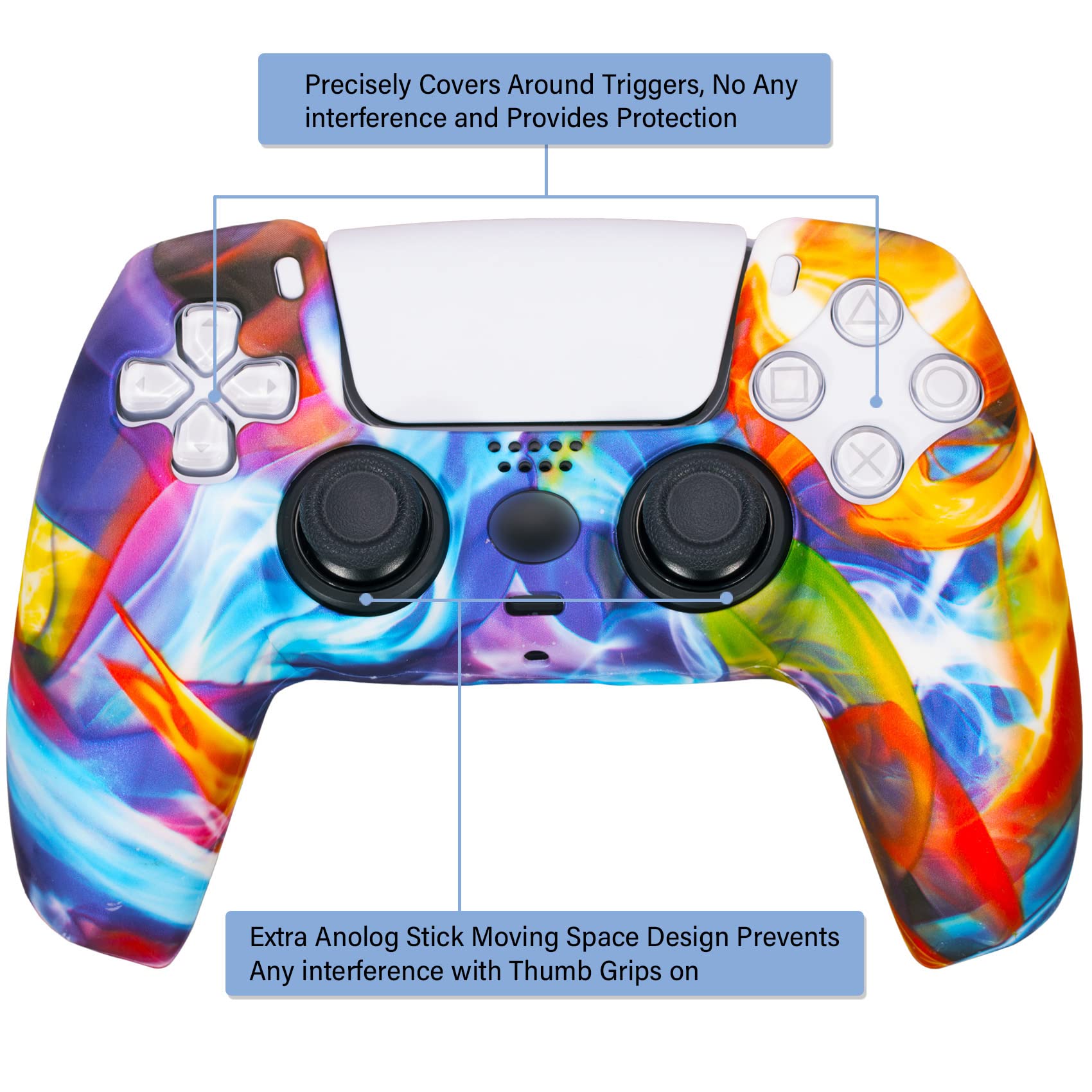 YoRHa Water Transfer Printing Silicone Thickened Cover Skin Case for PS5 Controller x 1(Comic Skulls) with Thumb Grips x 10